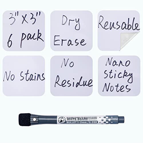 KopYoeHn Dry Erase Sticky Notes, Reusable Whiteboard Stickers for All Smooth Surfaces, Washable and Removable Easy to Post for Office, Home, Classroom, 3X3 inch, 6 Pack