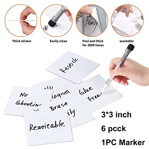 KopYoeHn Dry Erase Sticky Notes, Reusable Whiteboard Stickers for All Smooth Surfaces, Washable and Removable Easy to Post for Office, Home, Classroom, 3X3 inch, 6 Pack