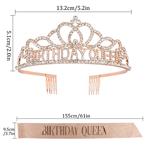 CAVETEE Rose Gold Birthday Crowns for Women Birthday Queen Sash and Tiara for Women Rose Gold Birthday Party Decorations for Women Birthday Sash and Crown for Women