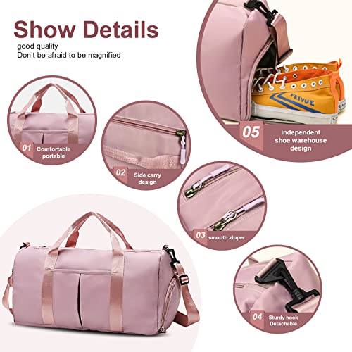 Sports Gym Bag with Wet Pocket & Shoes Compartment, Waterproof Shoulder Weekender Bag for Women and Men Swim Sports Travel Gym Bag Lightweight and easy Carry on Pink