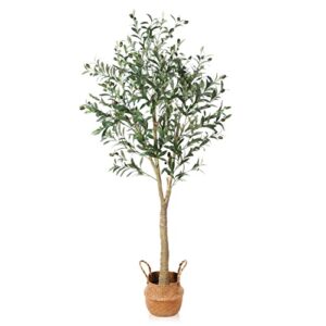 ferrgoal artificial olive trees 5ft fake olive plant with basket faux plants indoor outdoor fake tree in pot slik plants for home decor office living room perfect housewarming gift green 1pack