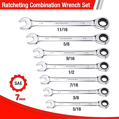 WORKPRO 7-Piece Ratcheting Combination Wrench Set, 72 Teeth, Combo Ratchet Wrenches Set with Roll Up Pouch, SAE 5/16"-11/16"