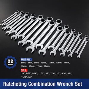 WORKPRO 22-Piece Ratcheting Combination Wrench Set, 72 Teeth, Combo Ratchet Wrenches Set with Organizer Box, Metric 6-18mm & SAE 1/4-3/4"