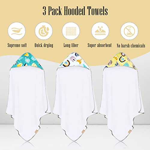 CORAL DOCK 3 Pack Baby Hooded Bath Towel Sets, Ultra Absorbent Baby Essentials Item for Newborn Boy Girl, Baby Bath Shower Towel Gifts for Infant and Toddler - Animal World Elephant