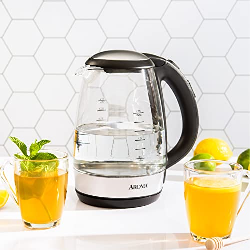 Aroma Housewares 7-Cup Digital Glass Electric Kettle with Cordless Pouring, One-Touch Operation, Automatic Shut-off (AWK-162BD), Transparent Glass, 1.7 Liter