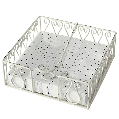 French Country Style Flat Napkin Holder with Flip Bar, Metal, Arabesque Details, Shabby White Finish, 7 x 7 Inches