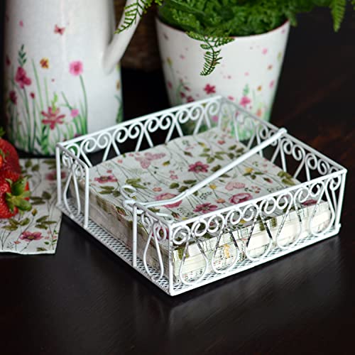 French Country Style Flat Napkin Holder with Flip Bar, Metal, Arabesque Details, Shabby White Finish, 7 x 7 Inches