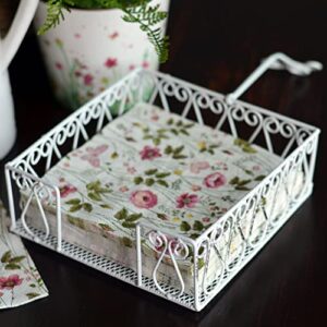 French Country Style Flat Napkin Holder with Flip Bar, Metal, Arabesque Details, Shabby White Finish, 7 x 7 Inches