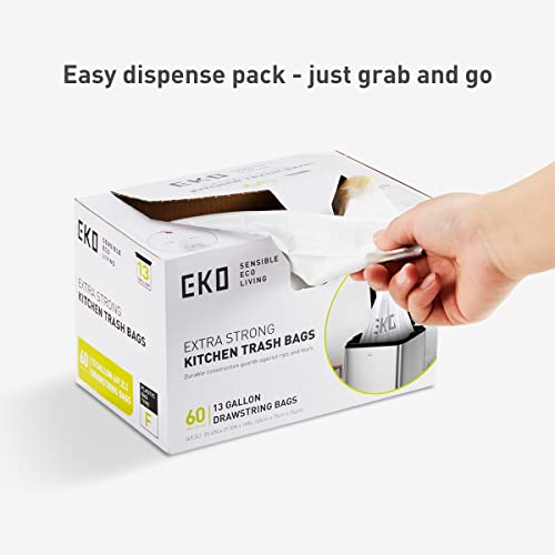 EKO Easy-Dispense Roll of 60 Count Extra-Strong Drawstring Kitchen Trash Bags - 13 Gallon Garbage Bags (40L-60L) 60 pack