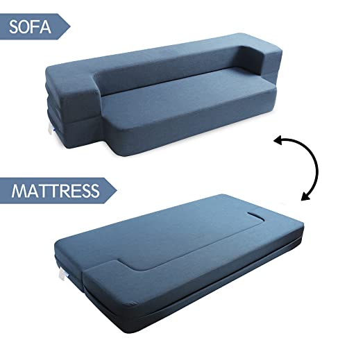 MAXDIVANI WOTU 10 Inch Folding Sofa Bed Couch Full Size Memory Foam Mattress Convertible Sofa Floor Couch Sleeper Sofa Foam L75*W54*H10, Dark Blue