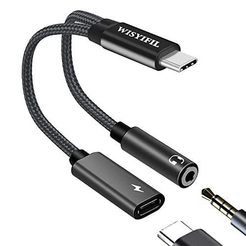 WISYIFIL 384KHZ/32bit PD 60W USB C Audio and Charger Splitter, Type C to 3.5mm Headphone and Charger Adapter, Galaxy S21/S22 Adapter for aux and Charger-Black