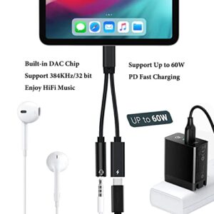 WISYIFIL 384KHZ/32bit PD 60W USB C Audio and Charger Splitter, Type C to 3.5mm Headphone and Charger Adapter, Galaxy S21/S22 Adapter for aux and Charger-Black