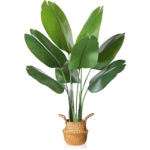 mosade 4ft artificial bird of paradise plant,tall fake tropical palm tree with woven seagrass basket, realistic faux tree,8 detachable trunks silk plants for modern home décor indoor office