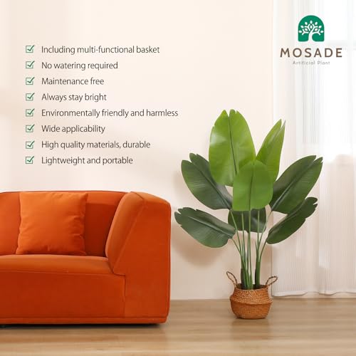 MOSADE 4FT Artificial Bird of Paradise Plant,Tall Fake Tropical Palm Tree with Woven Seagrass Basket, Realistic Faux Tree,8 Detachable Trunks Silk Plants for Modern Home Décor Indoor Office