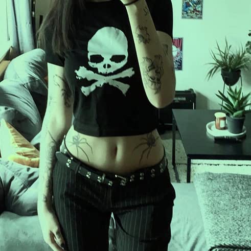 Y2k Fairy Grunge Crop Tops Women Aesthetic Baby Tees t Shirts Teen Girls Short Sleeve Cute Slim Fitted Harajuku Gothic Goth Punk Graphic Printed Vintage Halloween Clothes (Black Skull, M)