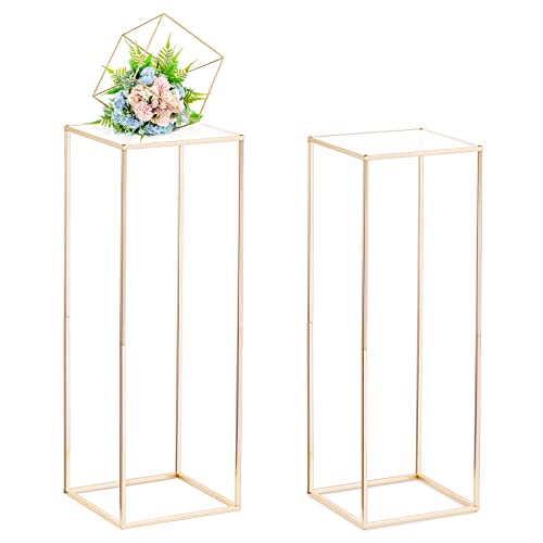 Nuptio Gold Vases for Centerpieces Wedding with Acrylic Panel - 2 Pcs 31.5 inch Tall Metal Flower Vase Flowers Stand - Elegant Bulk Weddings Decoration Table Geometric Centerpiece for Party Tables