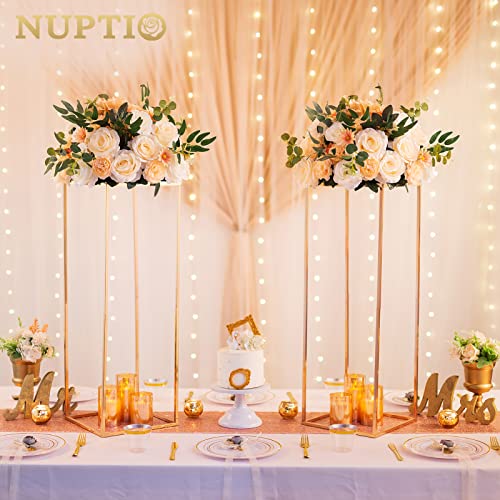 Nuptio Gold Vases for Centerpieces Wedding with Acrylic Panel - 2 Pcs 31.5 inch Tall Metal Flower Vase Flowers Stand - Elegant Bulk Weddings Decoration Table Geometric Centerpiece for Party Tables