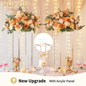 Nuptio Gold Vases for Centerpieces Wedding with Acrylic Panel - 2 Pcs 31.5 inch Tall Metal Flower Vase Flowers Stand - Elegant Bulk Weddings Decoration Table Geometric Centerpiece for Party Tables