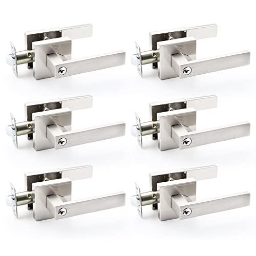 Bonpoly 6 Pack Heavy Duty Entrance Door Lever Door Handle(for Office/Front Door), Entry Door Handle Set, Keyed Alike/Combo Keys Door Handles, Satin Nickel Lever Door Knobs with Lock and Key