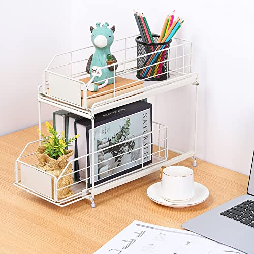 CADUKE 2-Tier Under Sink Cabinet Organizer with Sliding Basket Drawer, Bathroom Under Sink Storage Set of 2 Under Cabinet Organizers and Storage Pull Out, White Mesh Metal