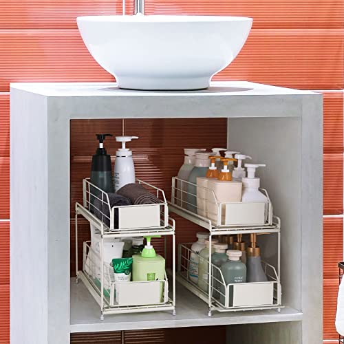 CADUKE 2-Tier Under Sink Cabinet Organizer with Sliding Basket Drawer, Bathroom Under Sink Storage Set of 2 Under Cabinet Organizers and Storage Pull Out, White Mesh Metal