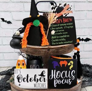 halloween decorations - halloween decor - farmhouse tiered tray decor items - 3 rustic wooden signs, cute witch cauldron gnomes plush and beads garland for fall indoor home table room kitchen office