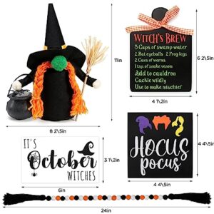 Halloween Decorations - Halloween Decor - Farmhouse Tiered Tray Decor Items - 3 Rustic Wooden Signs, Cute Witch Cauldron Gnomes Plush and Beads Garland for Fall Indoor Home Table Room Kitchen Office