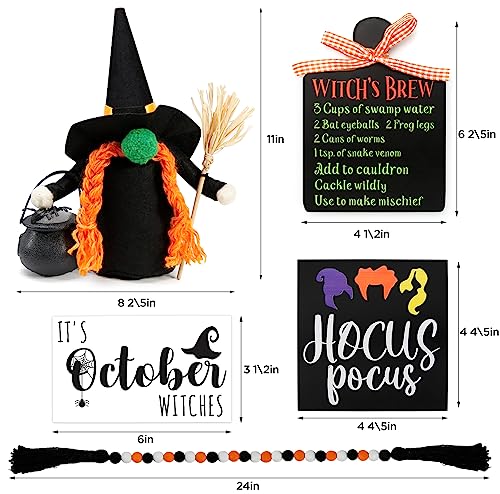 Halloween Decorations - Halloween Decor - Farmhouse Tiered Tray Decor Items - 3 Rustic Wooden Signs, Cute Witch Cauldron Gnomes Plush and Beads Garland for Fall Indoor Home Table Room Kitchen Office