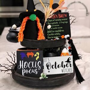 Halloween Decorations - Halloween Decor - Farmhouse Tiered Tray Decor Items - 3 Rustic Wooden Signs, Cute Witch Cauldron Gnomes Plush and Beads Garland for Fall Indoor Home Table Room Kitchen Office