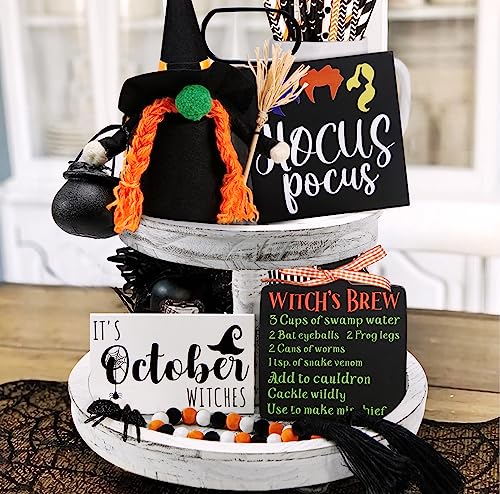 Halloween Decorations - Halloween Decor - Farmhouse Tiered Tray Decor Items - 3 Rustic Wooden Signs, Cute Witch Cauldron Gnomes Plush and Beads Garland for Fall Indoor Home Table Room Kitchen Office