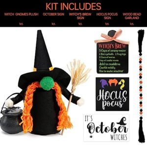 Halloween Decorations - Halloween Decor - Farmhouse Tiered Tray Decor Items - 3 Rustic Wooden Signs, Cute Witch Cauldron Gnomes Plush and Beads Garland for Fall Indoor Home Table Room Kitchen Office