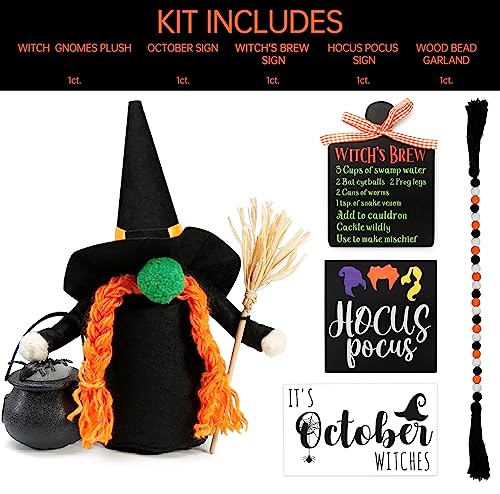 Halloween Decorations - Halloween Decor - Farmhouse Tiered Tray Decor Items - 3 Rustic Wooden Signs, Cute Witch Cauldron Gnomes Plush and Beads Garland for Fall Indoor Home Table Room Kitchen Office