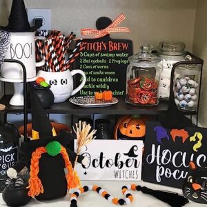 Halloween Decorations - Halloween Decor - Farmhouse Tiered Tray Decor Items - 3 Rustic Wooden Signs, Cute Witch Cauldron Gnomes Plush and Beads Garland for Fall Indoor Home Table Room Kitchen Office