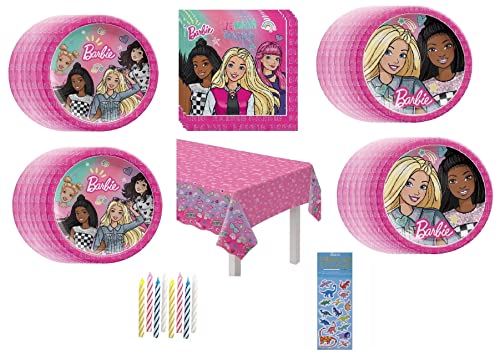 Barbie Dream Birthday Party Supplies Bundle Pack includes Dessert Plates, Lunch Plates, Napkins, Table Cover, Candles (Bundle for 16)