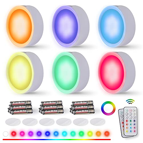 EverBrite Puck Lights with Remote, Wireless LED Puck Lights Battery Operated, 13 RGB Colors Changing Under Cabinet Lights, Dimmable Closet Lights with Timer, Battery Included (6-Pack)