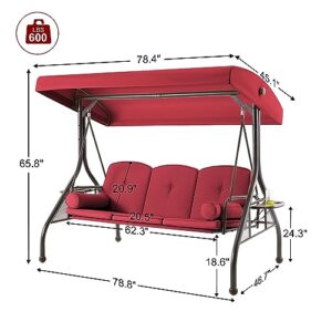 GYUTEI 3-Seat Outdoor Patio Swing Chair,Porch Swing Chair with Adjustable Backrest and Canopy,Outdoor Porch Swing Glider Chair,w/Cushions,Pillows and Cup Holders for Porch, Backyard(Wine RED)