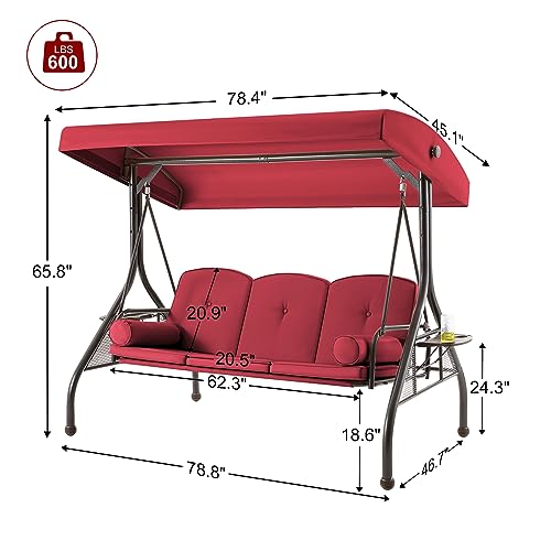 GYUTEI 3-Seat Outdoor Patio Swing Chair,Porch Swing Chair with Adjustable Backrest and Canopy,Outdoor Porch Swing Glider Chair,w/Cushions,Pillows and Cup Holders for Porch, Backyard(Wine RED)