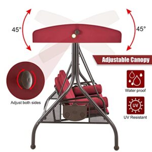 GYUTEI 3-Seat Outdoor Patio Swing Chair,Porch Swing Chair with Adjustable Backrest and Canopy,Outdoor Porch Swing Glider Chair,w/Cushions,Pillows and Cup Holders for Porch, Backyard(Wine RED)