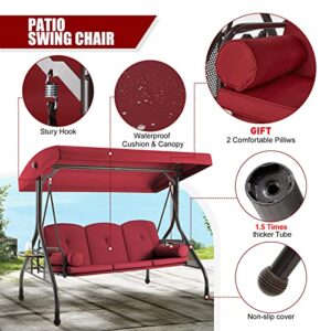 GYUTEI 3-Seat Outdoor Patio Swing Chair,Porch Swing Chair with Adjustable Backrest and Canopy,Outdoor Porch Swing Glider Chair,w/Cushions,Pillows and Cup Holders for Porch, Backyard(Wine RED)