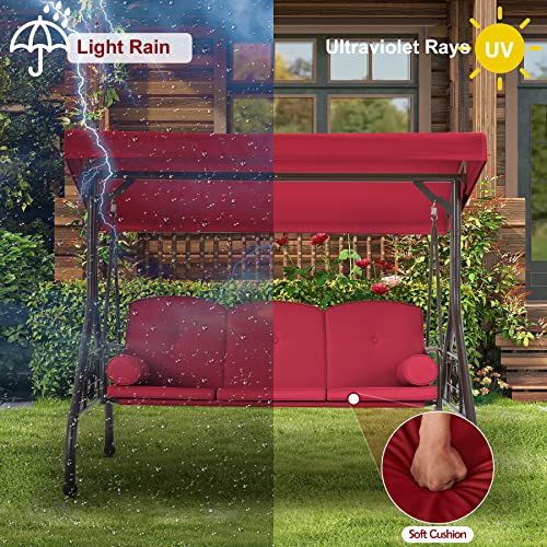 GYUTEI 3-Seat Outdoor Patio Swing Chair,Porch Swing Chair with Adjustable Backrest and Canopy,Outdoor Porch Swing Glider Chair,w/Cushions,Pillows and Cup Holders for Porch, Backyard(Wine RED)