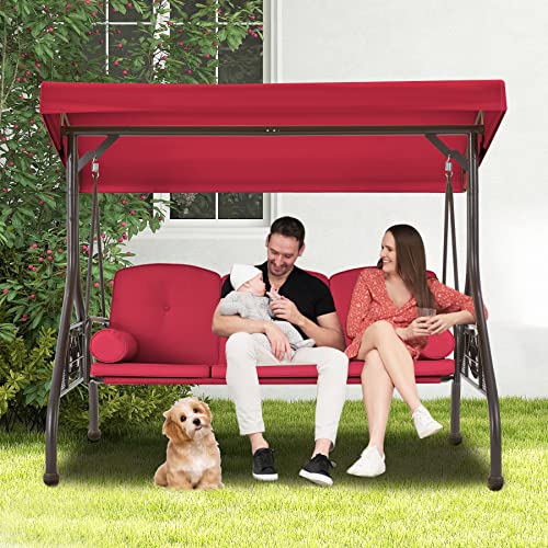 GYUTEI 3-Seat Outdoor Patio Swing Chair,Porch Swing Chair with Adjustable Backrest and Canopy,Outdoor Porch Swing Glider Chair,w/Cushions,Pillows and Cup Holders for Porch, Backyard(Wine RED)