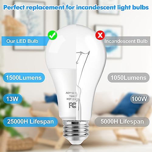 LED Light Bulbs, 100 Watt Equivalent A19 LED Bulbs, 13W 5000K Daylight White 1500 Lumens Non-Dimmable Bright E26 Edison Medium Screw Bulbs for Home Bedroom Kitchen Living Room Office Lamp, 4-Pack