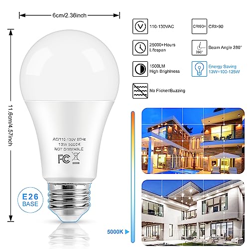 LED Light Bulbs, 100 Watt Equivalent A19 LED Bulbs, 13W 5000K Daylight White 1500 Lumens Non-Dimmable Bright E26 Edison Medium Screw Bulbs for Home Bedroom Kitchen Living Room Office Lamp, 4-Pack