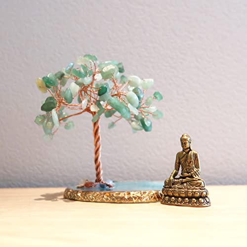 CRUCISRESIN Buddha Statue with Healing Crystal Tree, Tree of Life for Positive Energy. Home Decor Yoga Meditation. Green.(B)