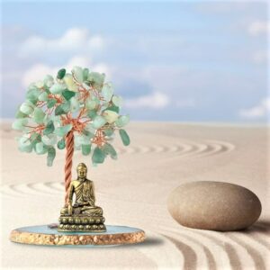 CRUCISRESIN Buddha Statue with Healing Crystal Tree, Tree of Life for Positive Energy. Home Decor Yoga Meditation. Green.(B)