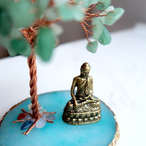 CRUCISRESIN Buddha Statue with Healing Crystal Tree, Tree of Life for Positive Energy. Home Decor Yoga Meditation. Green.(B)