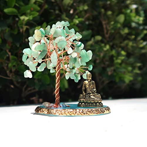 CRUCISRESIN Buddha Statue with Healing Crystal Tree, Tree of Life for Positive Energy. Home Decor Yoga Meditation. Green.(B)