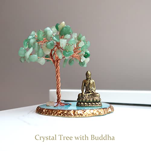 CRUCISRESIN Buddha Statue with Healing Crystal Tree, Tree of Life for Positive Energy. Home Decor Yoga Meditation. Green.(B)