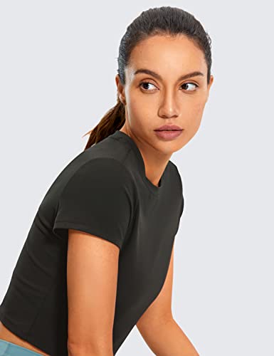 CRZ YOGA Butterluxe Short Sleeve Shirts for Women High Neck Crop Tops Basic Fitted T-Shirt Gym Workout Top Black Medium