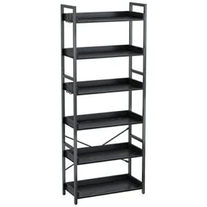 rolanstar bookshelf 6 tier with 4 hooks, industrial wood bookcase, vintage storage rack with open shelves, rustic standing bookshelves metal frame display rack for living room, bedroom